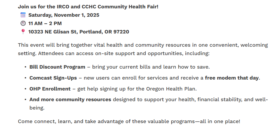 IRCO and CCHC Community Health Fair